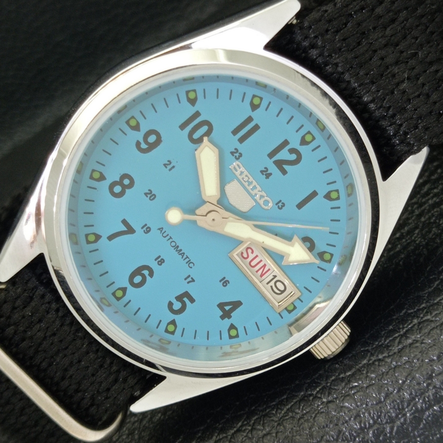 AUTOMATIC REFURBISHED SEIKO 5 JAPAN MENS TURQUOISE BLUE DIAL WATCH ...