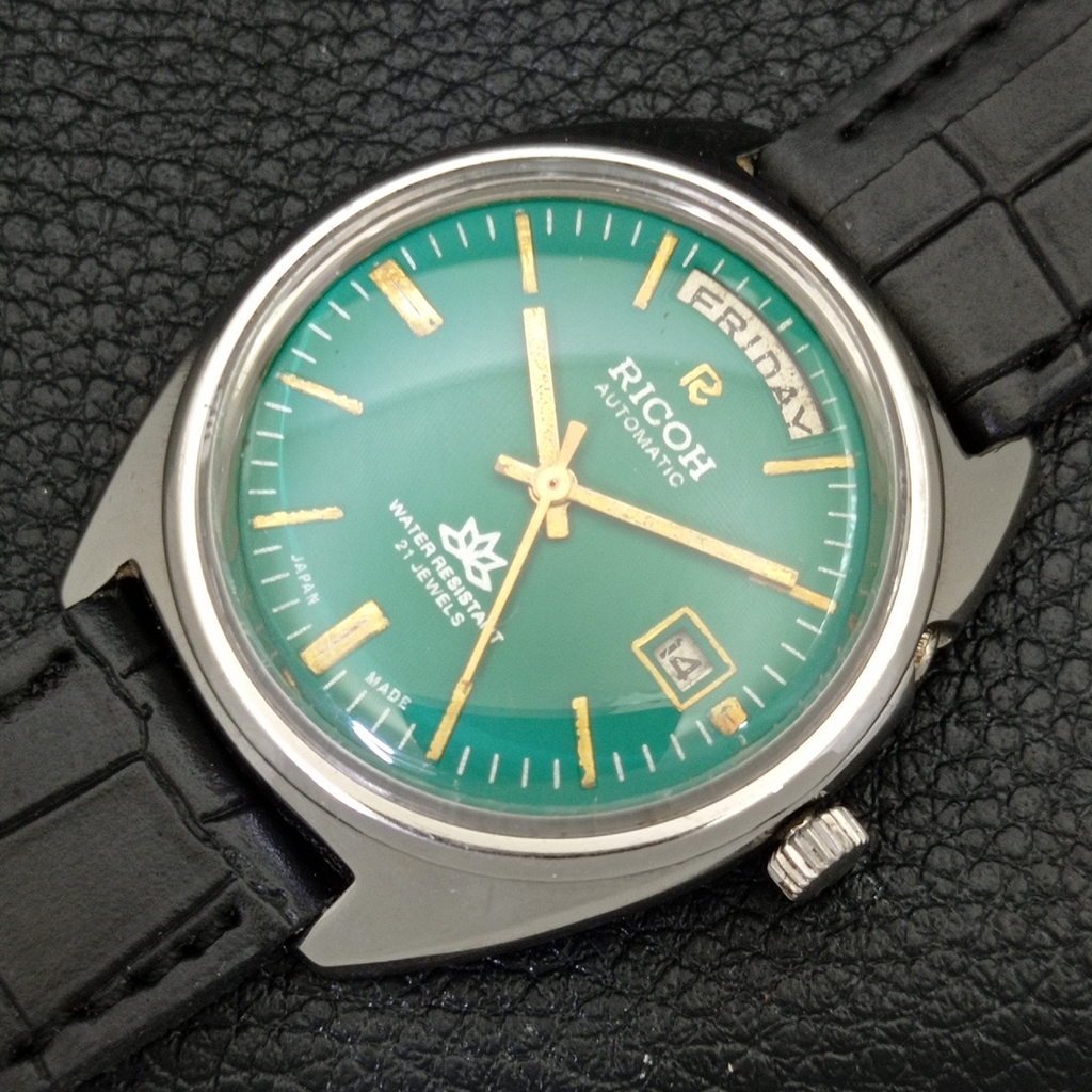 VINTAGE RICOH R31 AUTOMATIC JAPAN MENS GREEN COLOR DIAL WATCH a500640-1 ...